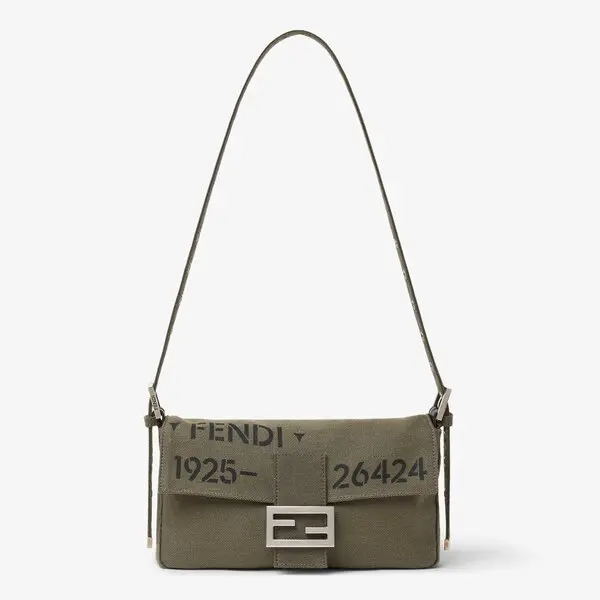 Fendi Baguette® 26424 Khaki Green Canvas Bag With Stencil Print